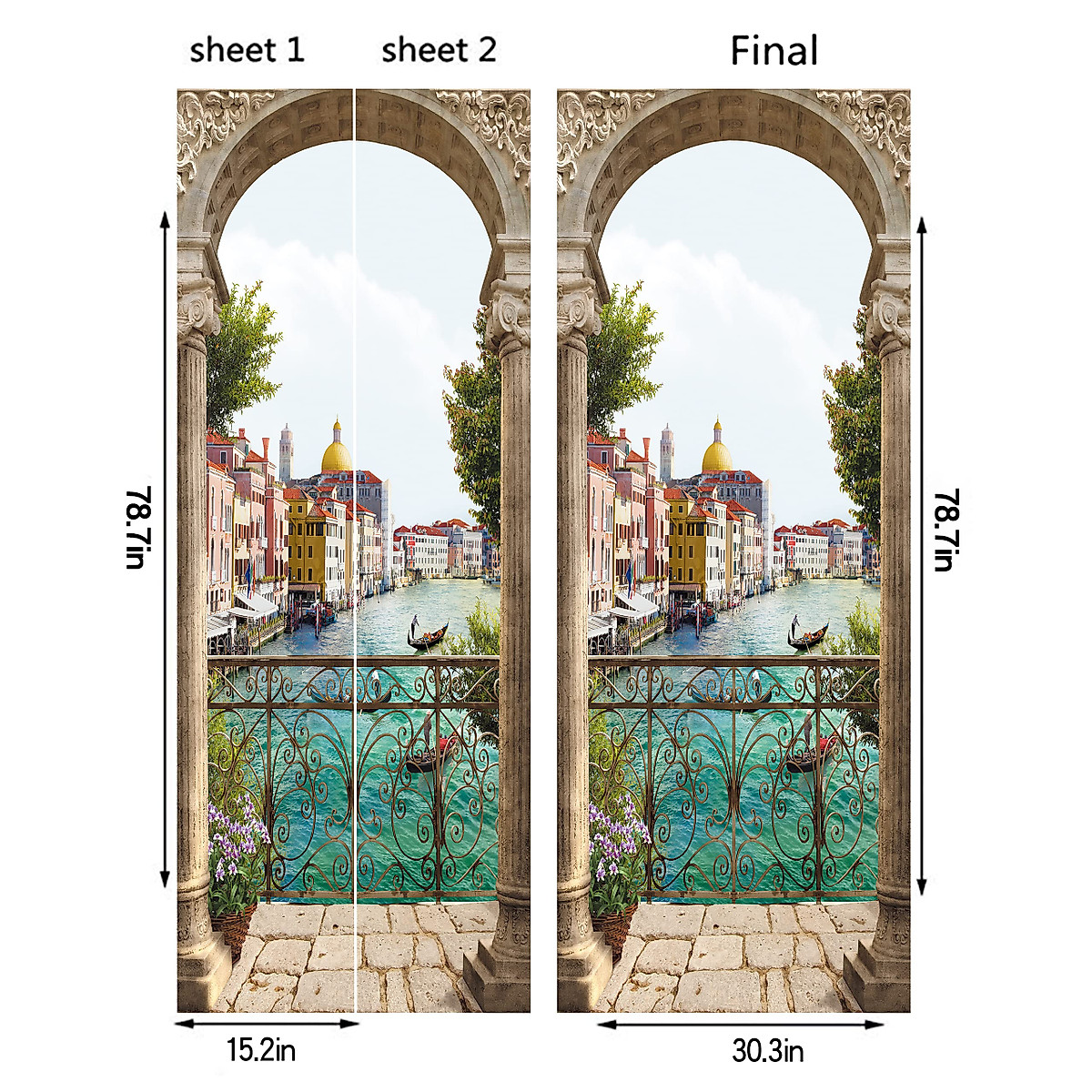 FLFK Door Sticker - Door Mural Peel and Stick, Removable Self-Adhesive Italian Water City Door Wallpaper for Home Decor, 30.3 "W x 78.7 "L, Set of 2 Sheets