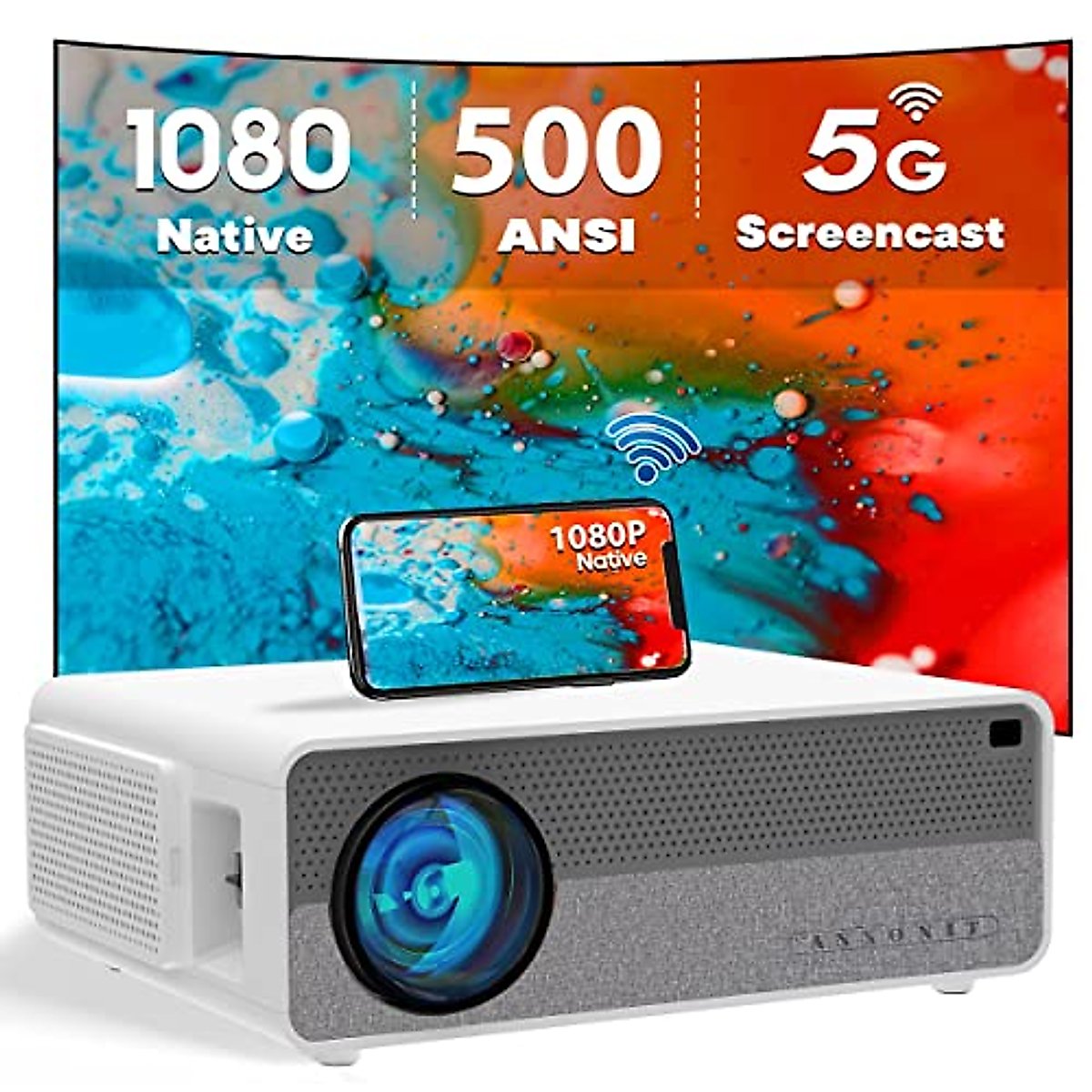ANXONIT Native 1080P Projector, 500 ANSI Lumens FHD Video Projector, 5G WiFi Screencast, Dual 8W Speakers with Bluetooth, 300" Screen Home Theater,Compatiable with Android/iOS