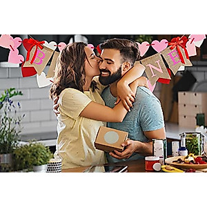 Valentines Day Burlap Banner, Valentines Decor for Home, Be Mine Hanging Banner & 28 Pcs Felt Heart Garland Banner Decor for Mantle Fireplace Wall, Decorations Pre-Assembled - No DIY Required