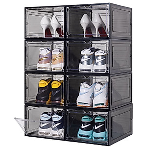 ZLLZUU Upgrade 8 Pack X-Large Shoe Storage Boxes with Clear Magnetic Doors Stackable Shoe Organizer with Solid Plastic Drop Front Shoe box for Sneaker Display, Fit up to US Size 12 (Black)