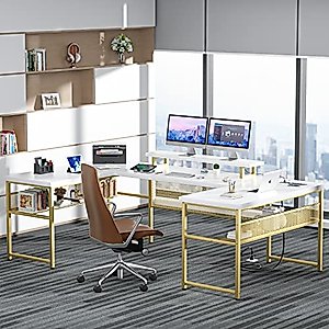 Unikito U Shaped Desk with LED Strip and Power Outlet, Reversible Large Corner Computer Desk with Monitor Stand and Storage Shelf, 83 Inch U Shape Office Desks, 2 Person L Shaped Gaming Table, White