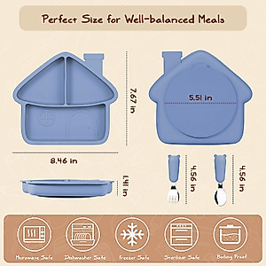 TinyHalo 3pcs Silicone Toddler Feeding Set, Divided Suction Plate with Fork and Spoon, Food Grade Silicone Tableware for Children, BPA Free, Strong Suction & Dishwasher Friendly (Wind)…