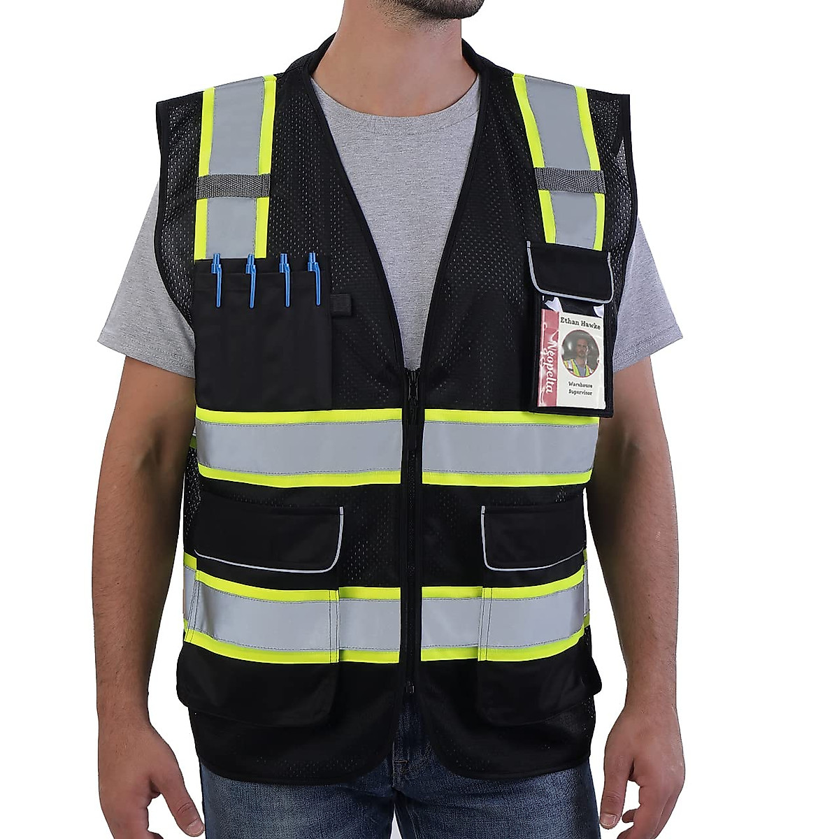 Neopelta Reflective Safety Vest Black Mesh, High Visibility Vest with Pockets and Zipper, Padded Neck, Black with Yellow Trim L