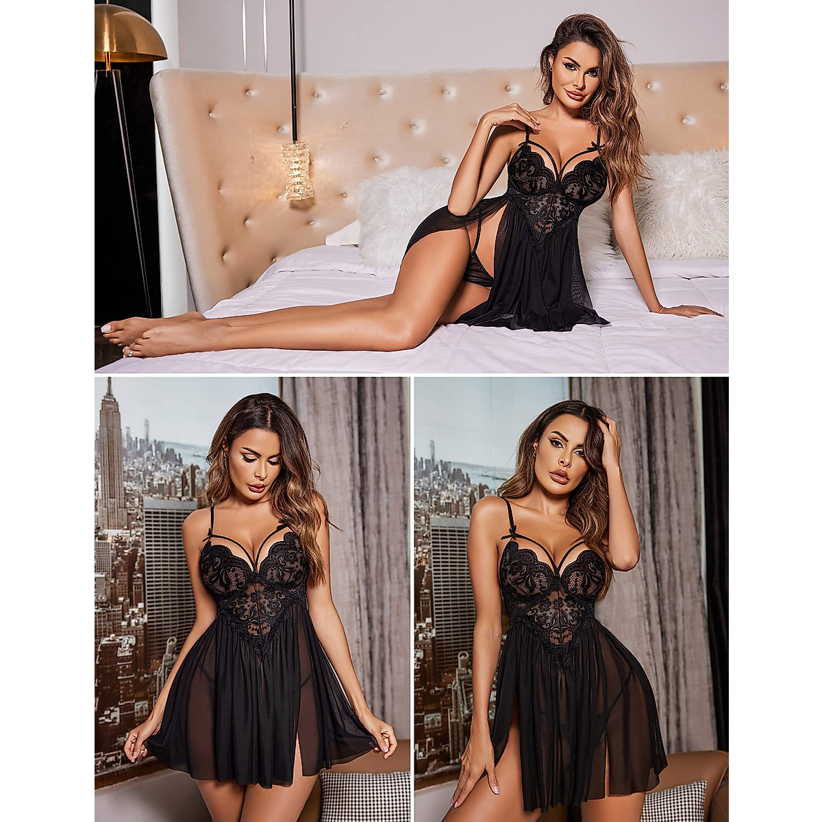Avidlove Sexy Babydoll Lingerie Lace Chemise Strap Sleepwear V Neck Nightgown Mesh Sleepwear SideSlit Nightwear Black