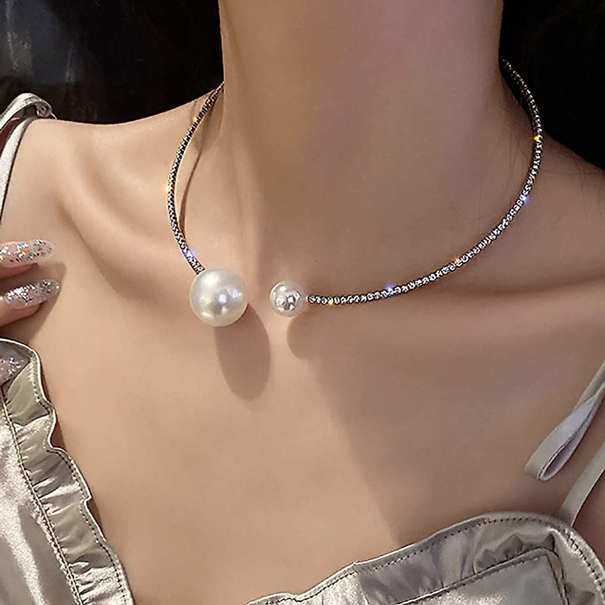 Jeairts Cystal Pearl Choker Necklace Silver Rhinestone Adjustable Necklaces Fashion Necklace Jewelry Party Gifts Costume Accessories for Women and Girls