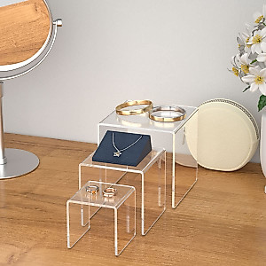 HIIMIEI Clear Acrylic Display Risers 2 Sets, 3-Tier Risers Stands Showcase for Amiibo Funko Pop Figures, Dessert, Jewelry-3"x4"x5"