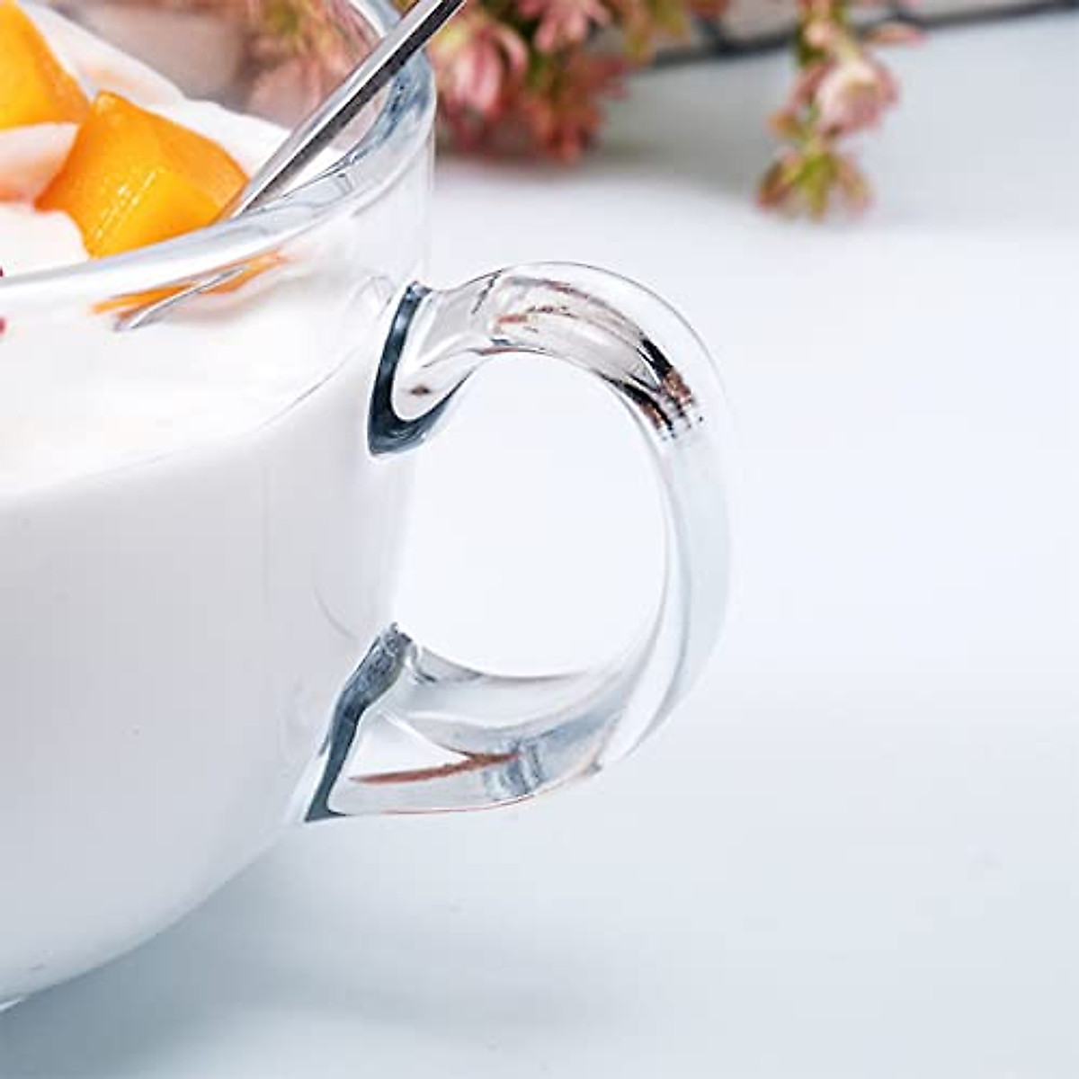 YAMSH Large Clear Glass Coffee Mugs Set of 2,14.8 oz(440ml)-Wide Mouth Tea Cups with Handle and Spoon Transparent Drinking for Cappuccino Cups, Latte, Milk color 4 Piece