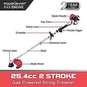 PowerSmart String Trimmer & Edger, 2 Stroke Weed Wacker with Straight Shaft, 25.4CC Gas Powered Weed Eater with 16" Cutting Path, 2 in 1 Brush Cutter with 10" Blade, Edger Lawn Tool for Yard, Garden