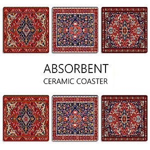 Bribay Coasters for Drinks Set of 6, Tribal Turkish Geometric Pattern Absorbent Square Ceramic Stone Mat, with Cork Base and Metal Holder, Gift for Housewarming Room Bar Decor