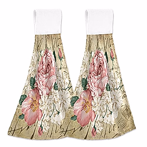 Vintage Pink Rose Kitchen Hand Towels with Hanging Loop 2 Pack Retro Floral Flower Leaves Stamp Chic Beige Soft Absorbent Kitchen Dish Tie Towel Tea Bar Towels Washcloth for Bathroom Kitchen Decor
