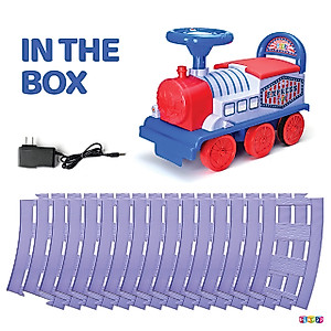 Play22 Electric Ride On Toy Train with Tracks - Ride On Train for Toddlers 1-3 Features Fun Flashing Lights and Music, Storage Seat, 16 Tracks - Playable Without Tracks - Riding Toys for Kids