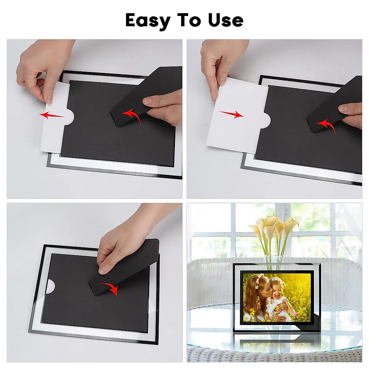 Serwrsw Glass Picture Frame for 5x7 inch Photo, 4 Pack Clear Frame with Black Stripe Decor, Vertical or Horizontal on Tabletop