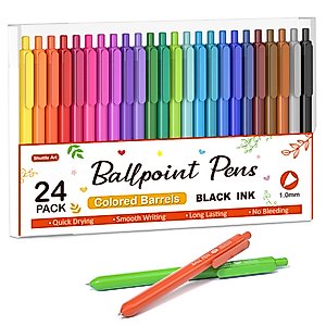 Shuttle Art Ballpoint Pens, 24 Pack Colored Retractable Black Ink Ball Point Pens, Cute Pens 1.0mm Medium Point Quick Drying for Writing Journaling Taking Notes School Office Home