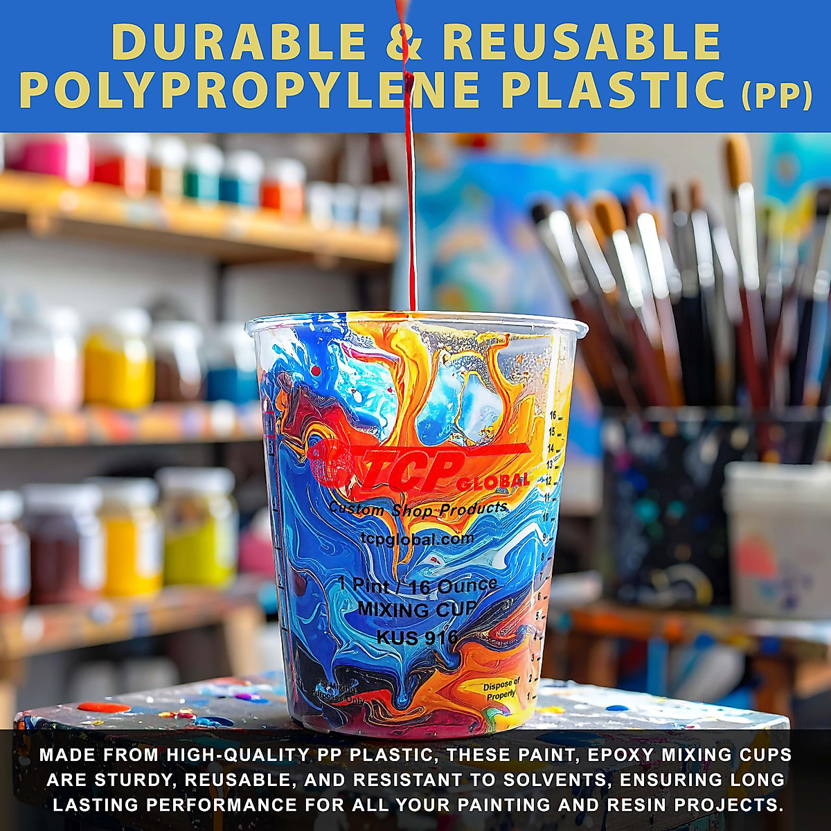 (Full Case of 100 each - Pint (16oz) Paint Mixing Cups) by Custom Shop - Cups have calibrated mixing ratios on side of cup Box of 100 Cups Epoxy Resin Epoxy Resin