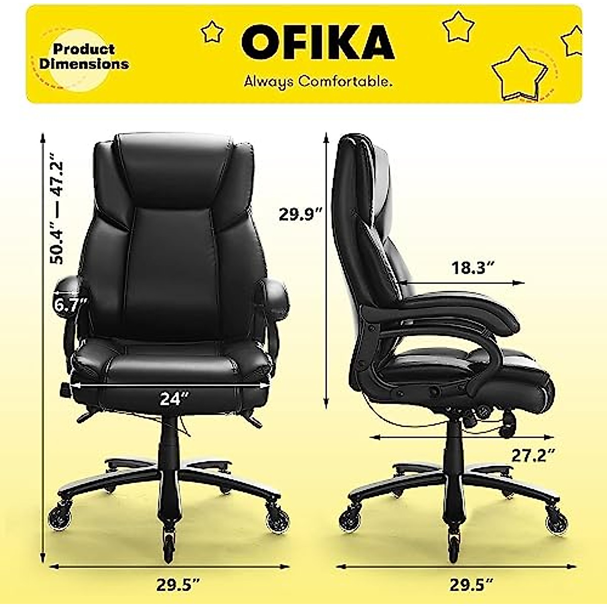 OFIKA Big and Tall Office Chair,400LBS Capacity Heavy Duty Office Chair for Heavy People, High Back PU Leather Executive Desk Chair with Wide Seat (Black)