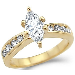 Size- 5.5 - Solid 14k Yellow Gold Solitaire Marquise CZ Cubic Zirconia Engagement Ring 1.25 ct
