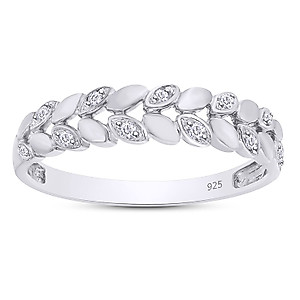 1/20 Carat Round Cut White Natural Diamond Leaf Stackable Wedding Band Ring In 14k White Gold Plated 925 Sterling Silver Jewelry For Women (Clarity : I2-I3, Color : I-J, 0.05 Cttw) Ring Size-9