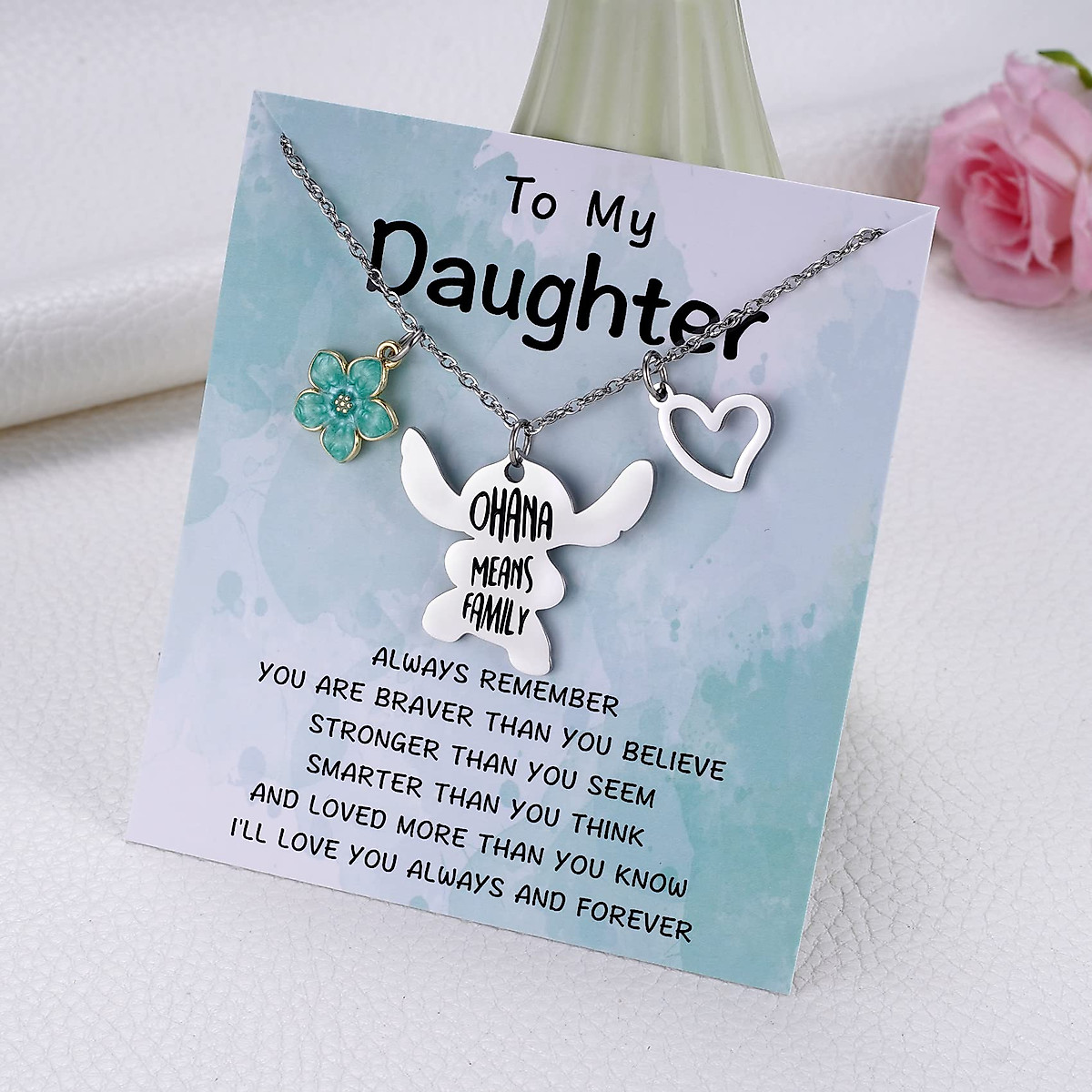 To My Young Daughter Stitch Gift Ohana Means Family Necklace&Message Card for Little Lilo Stitch Lover Daughter from Mom Dad, Stitch Jewelry Birthday Graduation Christmas Gifts for Teen Girls