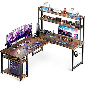 ODK 59 Inch L Shaped Gaming Desk with Hutch, Computer Desk with Storage Shelves, L Shaped Desk for Home Office, Corner Desk with Headphone Hook, Vintage