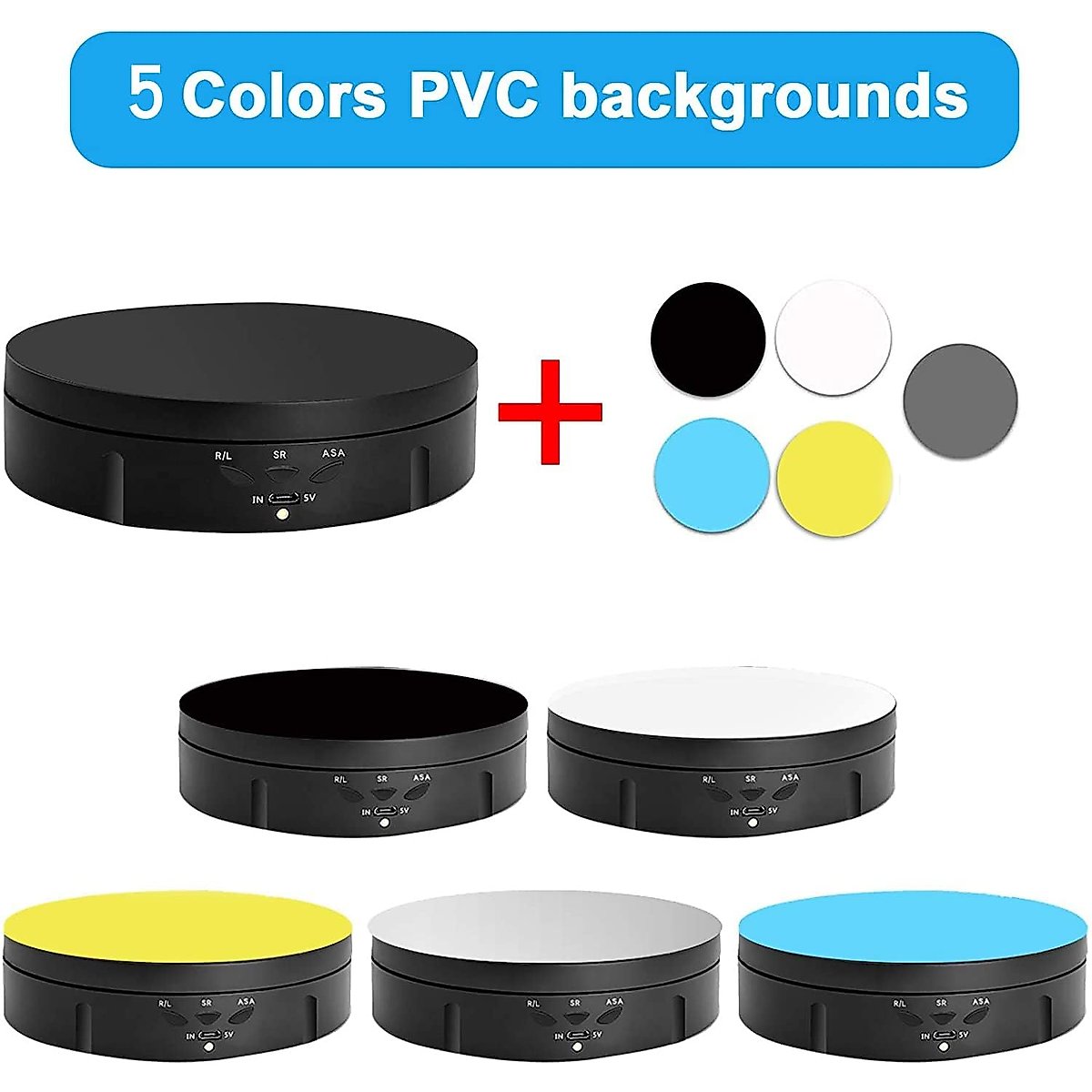 Qinmay 360-Degree Rotating Display Stand, 360 Degree Photography Turntable with Remote Control,5 PVC Backgrounds,Battery/USB Power Supply for Product Photography Display