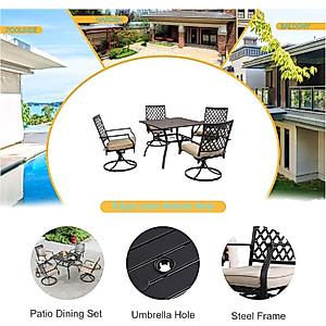 LOKATSE HOME 5 Piece Patio Dining Set Outdoor Furniture 4 Swivel Chairs with Cushion and 37" Square Umbrella Hole Table for Bistro Backyard Garden, Khaki