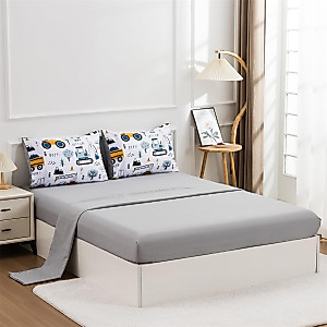 NTBED 5 Pieces Construction Truck Full Comforter Set for Boys Kids Forest Vehicles Excavator Lightweight Microfiber Bedding Sets