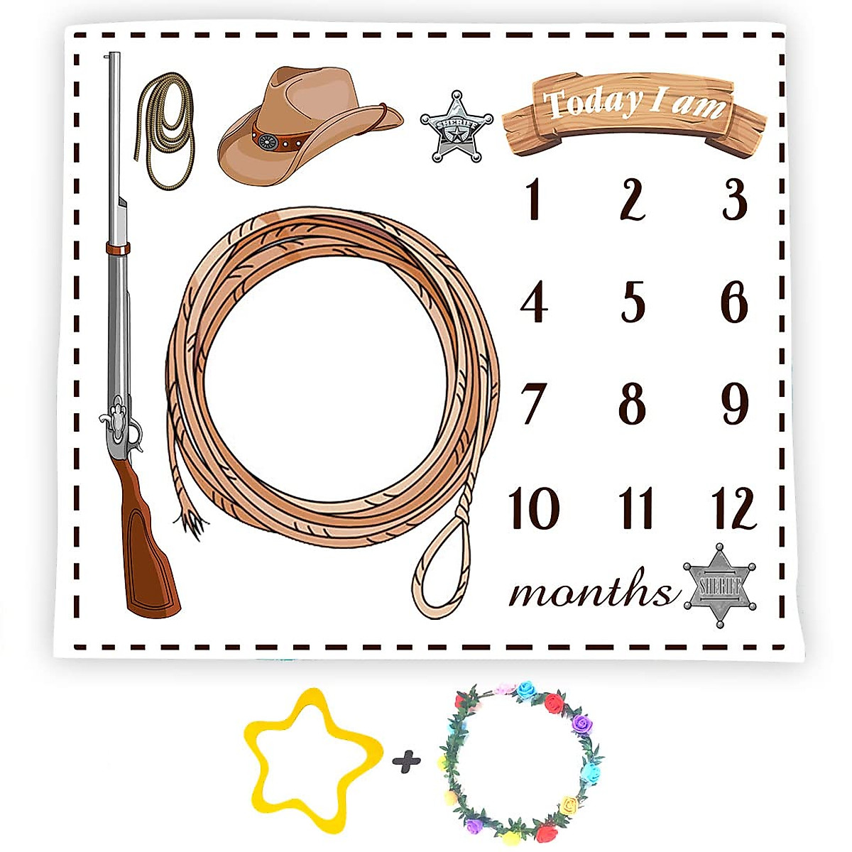 Cowboy Theme Baby Monthly Milestone Blanket, 48x40in Soft Flannel, Gun Rope Backgrounds, Newborn Mom Gifts, Baby Shower Age Growth Tracker with Bonus Maker BTZSSS23