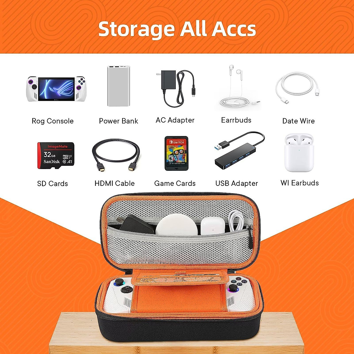 Gepicest Rog Ally Case Compatible with ASUS Rog Ally Handheld Console Gaming Accessories Carrying Bag Fit Original Charger Dock w/ Hard EVA Game Console Stand 2023 Traveling Storage Case-Orange Black