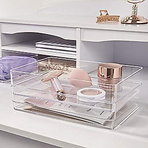 STORi SimpleSort 3-Piece Stackable Clear Drawer Organizer Set | 9" x 6" x 2" Rectangle Trays | Wide Makeup Vanity Storage Bins and Office Desk Drawer Dividers | Made in USA