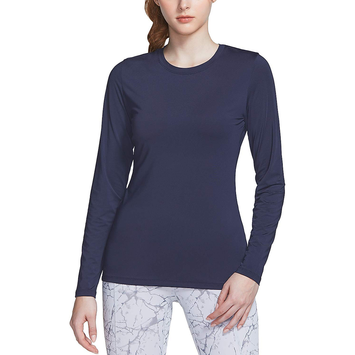 ATHLIO Women's UPF 50+ Long Sleeve Workout Shirts, UV Sun Protection Running Shirt, Dry Fit Athletic Tops, Round Neck 3pack Shirts Black/Charcoal/Navy, X-Large