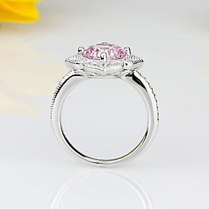 DoubleAccent Platinum Plated Sterling Silver Ring 2 CT Cushion Pink CZ Stone Milgrain Heart Flower Design Vintage Ring (Size 5 to 9), 5