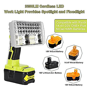 Cordless LED Work Light for Ryobi 18V ONE+ Plus Lithium Battery,3300LM Zinc Alloy Outdoor Wide Illumination Multifunction Flashlight,USB Port,for Car Repair Hiking Camp Garage