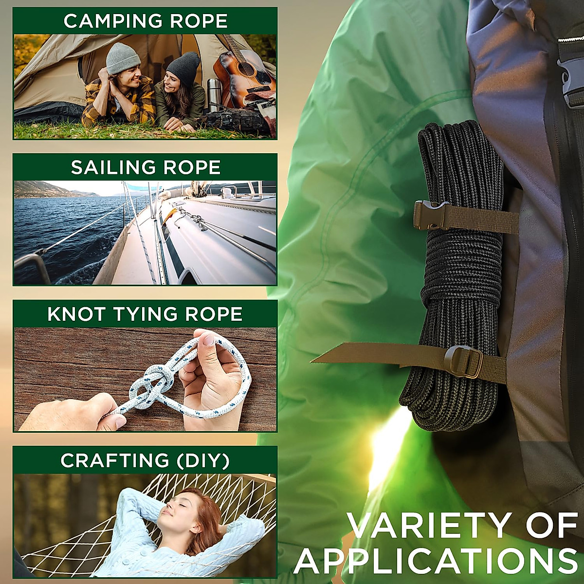 TECEUM Rope – 1/4” & 3/8” – 90 FT | 150 FT – Strong All-Purpose Utility Rope – Camping, Crafting, Flag Pole, Indoor & Outdoor – Polypropylene Nylon Poly Lightweight Diamond Braided Cord – Black