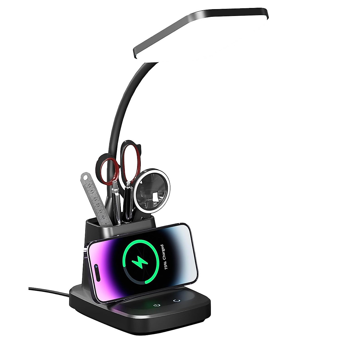 Vicsoon Desk Lamp with Wireless Charger, LED Desk Lamps for Home Office, 800 Lumens, Small Desk Lamp with Pen Holder, Flexible Arm, 3 Modes, Dimming, Touch Lamp for College Dorm Room, with Adapter