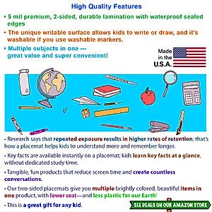 Natural Learning Children's Placemat (2 Placemats: USA/Europe Centered World Map; Alphabet/Colors and Numbers/Shapes 4-in-1)