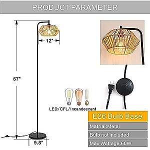 MZMHD Rattan Floor Lamp, 1-Light Farmhouse Boho Standing Tall Lamps Coastal Bamboo Wicker Rustic Matte Black Metal Corner Floor Light for Bedroom Living Room