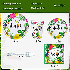 Atonofun Hawaiian Luau Party Supplies, Disposable Hawaiian Plates and Napkins Set, Aloha Party Plates and Cups, Napkins and Cutlery for Hawaiian Luau Birthday Party Decorations Serves 24