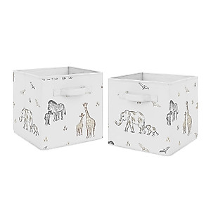 Sweet Jojo Designs Jungle Safari Animals Foldable Fabric Storage Cube Bins Boxes Organizer Toys Baby Taupe Black and White Gender Neutral Elephant Giraffe Wildlife Adventure Zebra Serengeti - Set of 2
