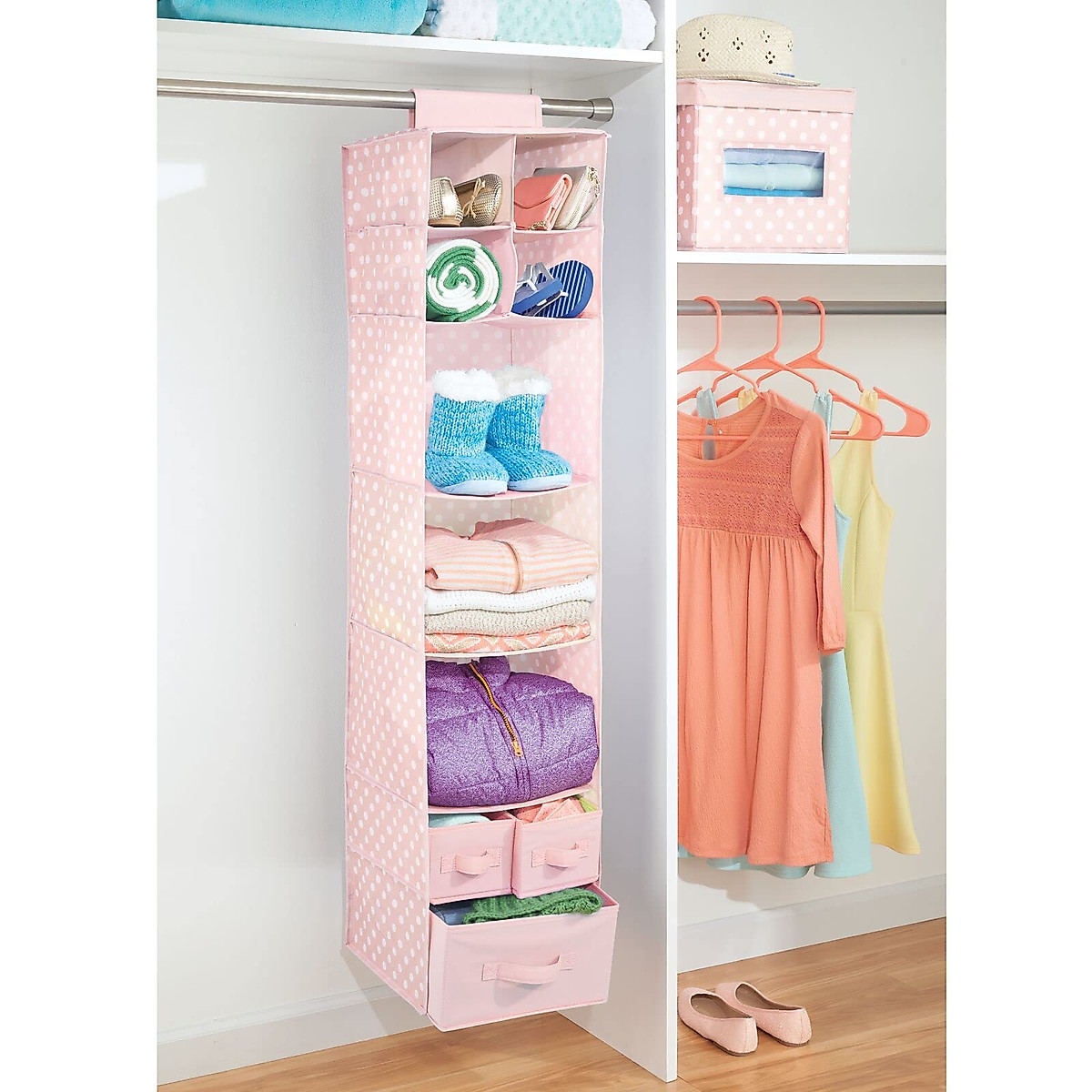 mDesign Fabric Hanging Organizer - Over Closet Rod Storage, 7 Shelves/3 Removable Drawers for Baby Nursery Bedroom Organization - Hold Clothes, Linens, Toys, Accessories, 2 Pack, Pink/White Polka Dot