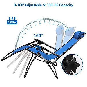 iMounTEK Set of 2 Adjustable Zero-Gravity Reclining Outdoor Lounge Chairs w/Pillows & Cup Holder Side Tray, Supports 330lbs, for Patio, Porch, Deck, Poolside, Beach, Lawn, Yard - Black/Blue/Brown/Tan
