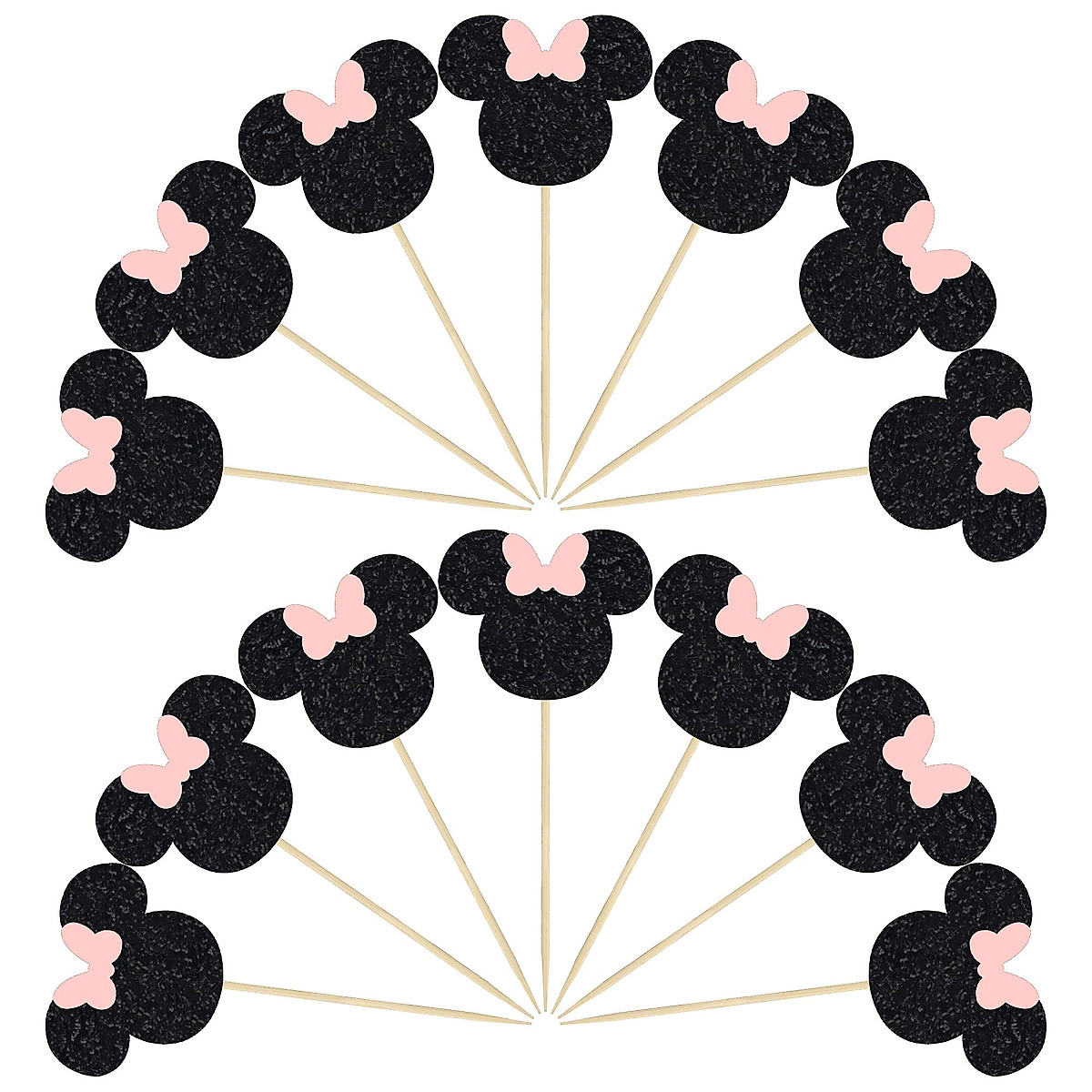 Gyufise Mouse Inspired Cupcake Toppers with Bow Black and Pink Glitter Mouse Cupcake Picks Baby Shower Wedding Kids Birthday Party Cake Decorations Supplies 36 Pack