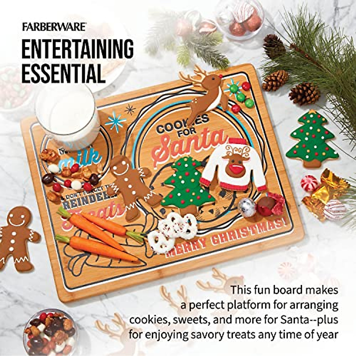 Farberware Cutting Board with Recessed Handles, Tray for Christmas Eve, Milk and Cookie Plate for Santa, Reversible Kitchen Chopping Board, 11-inch x 14-Inch, Bamboo