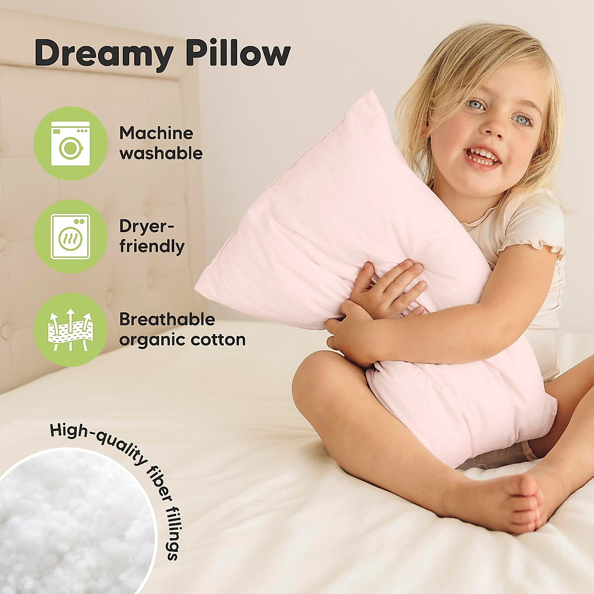 2-Pack Toddler Pillow - Soft Organic Cotton Toddler Pillows for Sleeping - 13X18 Small Pillow for Kids - Kids Pillows for Sleeping - Kids Pillow for Travel, School, Nap, Age 2 to 5 (Mist Pink)