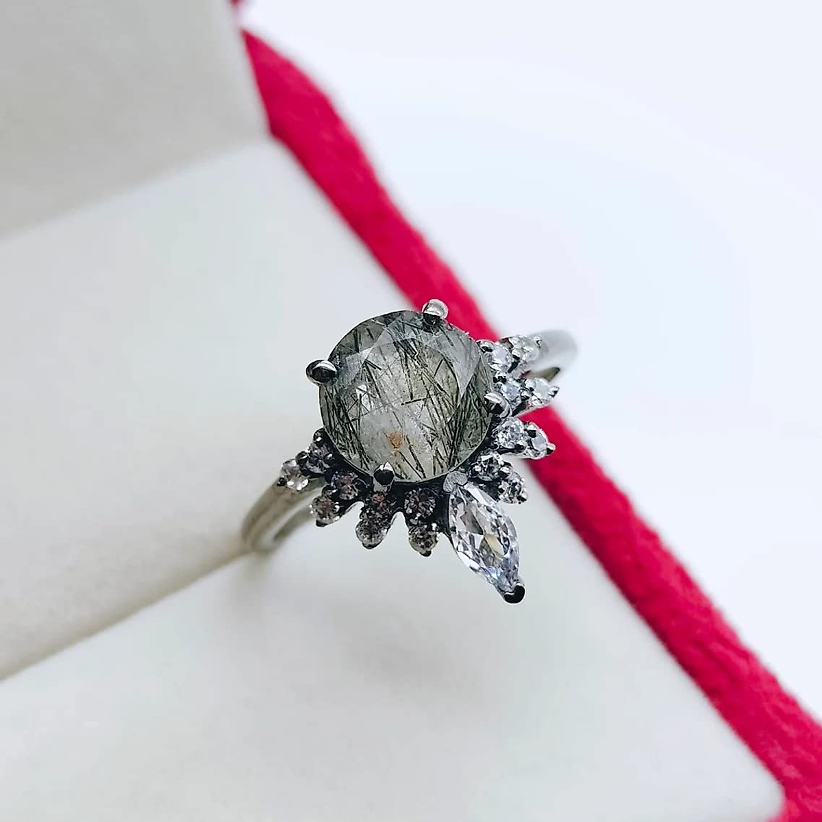 Rings For Women Natural Black Rutilated Quartz Round Cut Ring, Salt And Pepper Diamond Ring, Black Quartz Ring Gift Beautiful Wedding Ring BY FOREVER GEMS & JEWELS, Rose Gold,White,Silver