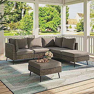LAUSAINT HOME Outdoor Patio Furniture, 6 Piece Outdoor Sectional Sofa PE Rattan Wicker Patio Conversation Sets,All Weather Patio Furniture Set with Thick Cushions for Garden, Poolside, Backyard (Grey)