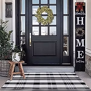 CAINANEL Buffalo Plaid Outdoor Rug Black and White Check Rug 35.4'' x 59'' Cotton Hand-Woven Checkered Front Welcome Door Mat Indoor/Outdoor Area Rug for Front Porch,Kitchen,Entry Way,Living Room