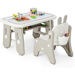 Costzon Kids Table and Chair Set, Graffiti Activity Table w/Flip-Top Tabletop Bookshelf, Erasable Magnetic Drawing Board, Storage, Adjustable Height for Drawing, Toddlers Art Table & Chair (Gray)