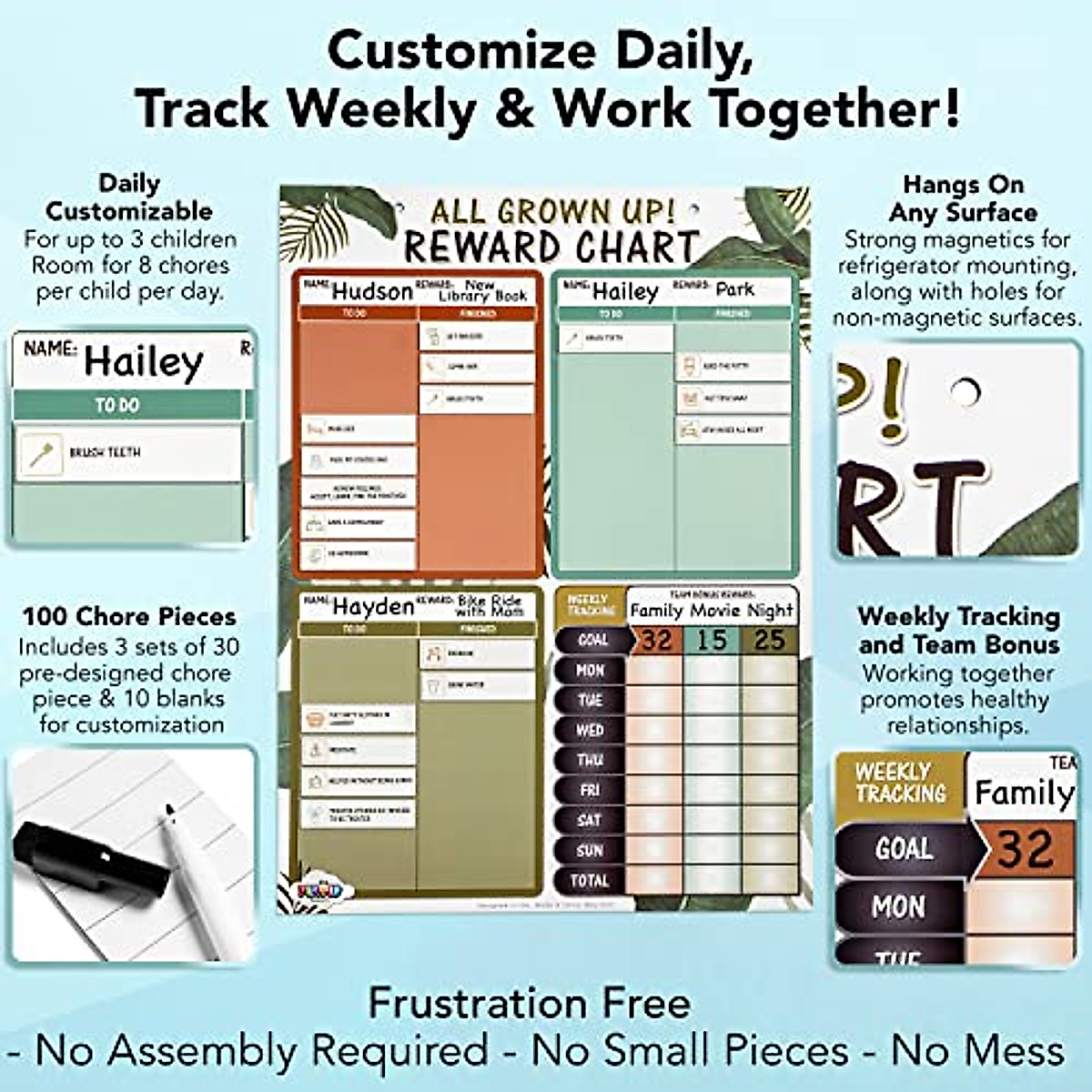 Chores Chart for Kids - Magnetic Behavior and Responsibility Reward Chart for Multiple Kids - Separate Section and Pieces for each Child - 3 Sets of 30 Pre-Designed Chore pieces and 10 Blanks Included