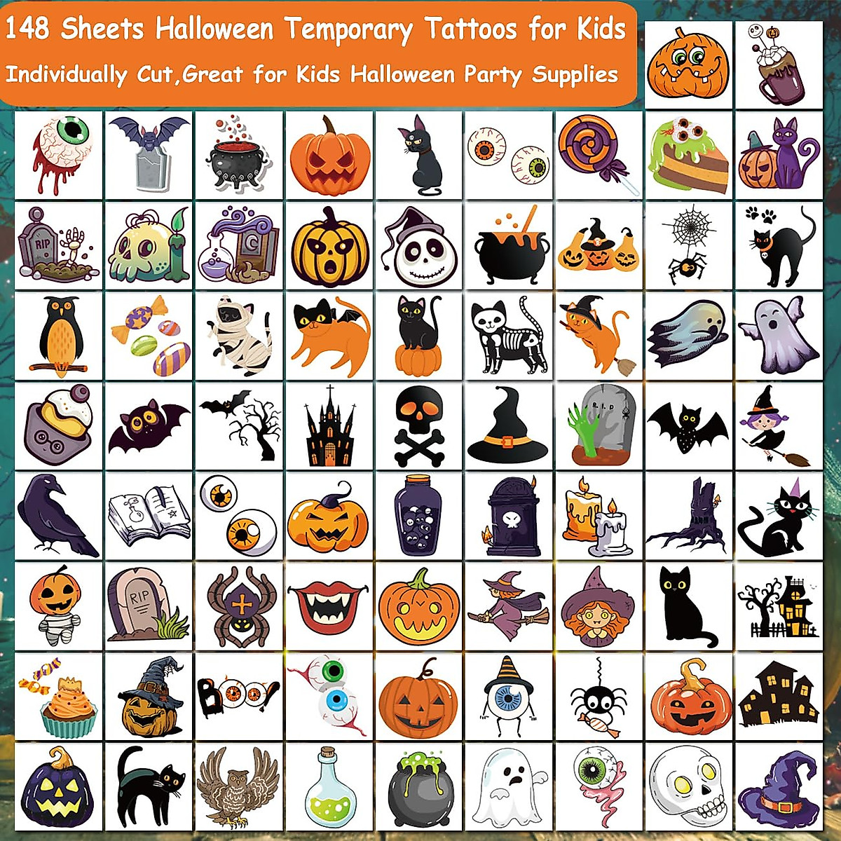 CHARLENT 148 Sheets Halloween Temporary Tattoos for Kids - Individual Halloween Pumpkin Skeletons Tattoos for Boys Girls Halloween Party Favors Treats Goodie Bag Fillers
