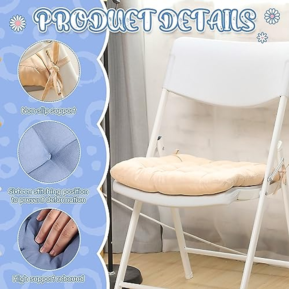 Barydat 8 Pcs Chair Cushions 15 x 15 Inch Dining Chair Pads with Ties Square Patio Thick Soft Chair Cushions for Outdoor Kitchen Patio Room Indoor Car Office, 8 Colors